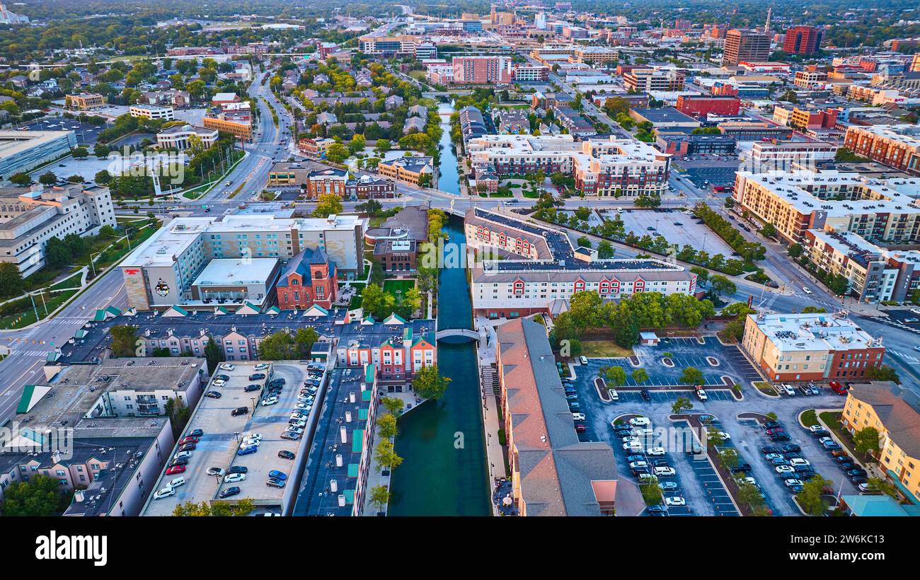 Aerial Sunset Glow on Urban Riverfront Landscape Stock Photo - Alamy