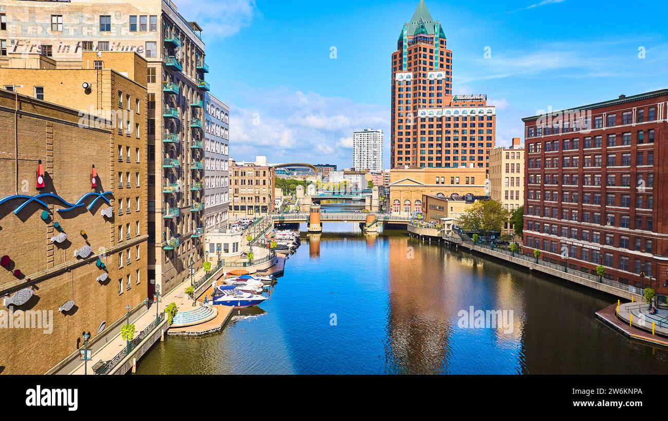 Aerial View of Milwaukee Riverfront with Pedestrian Bridge and Boats ...