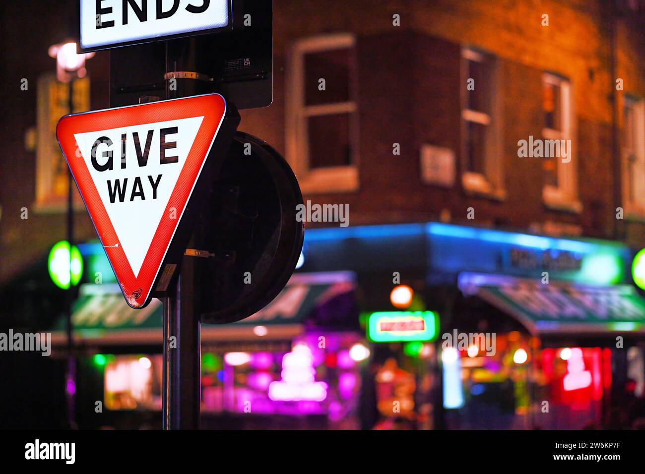 Give Way road sign on Carlisle Street by Pizza Pilgrims in Soho, London ...