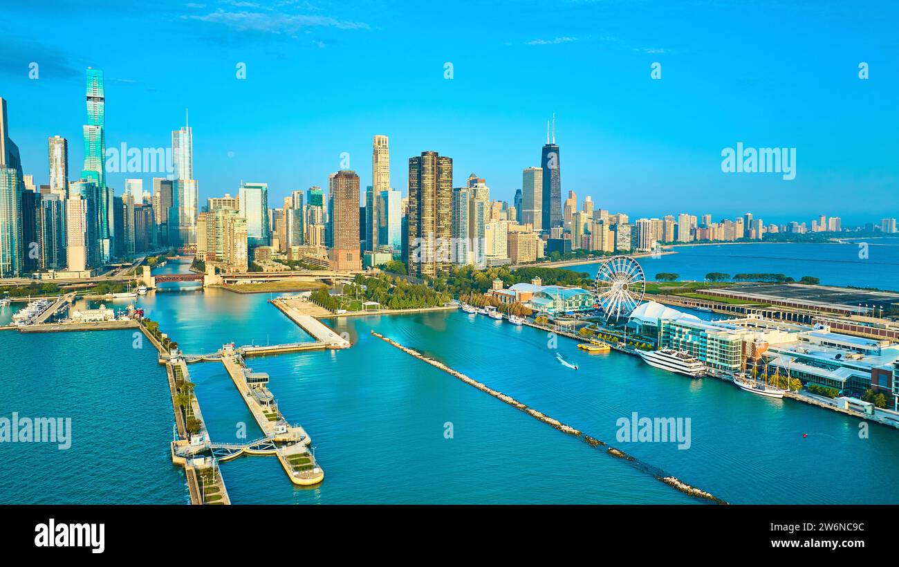 Aerial Lake Michigan from Chicago, IL coastline with Navy Pier and city ...