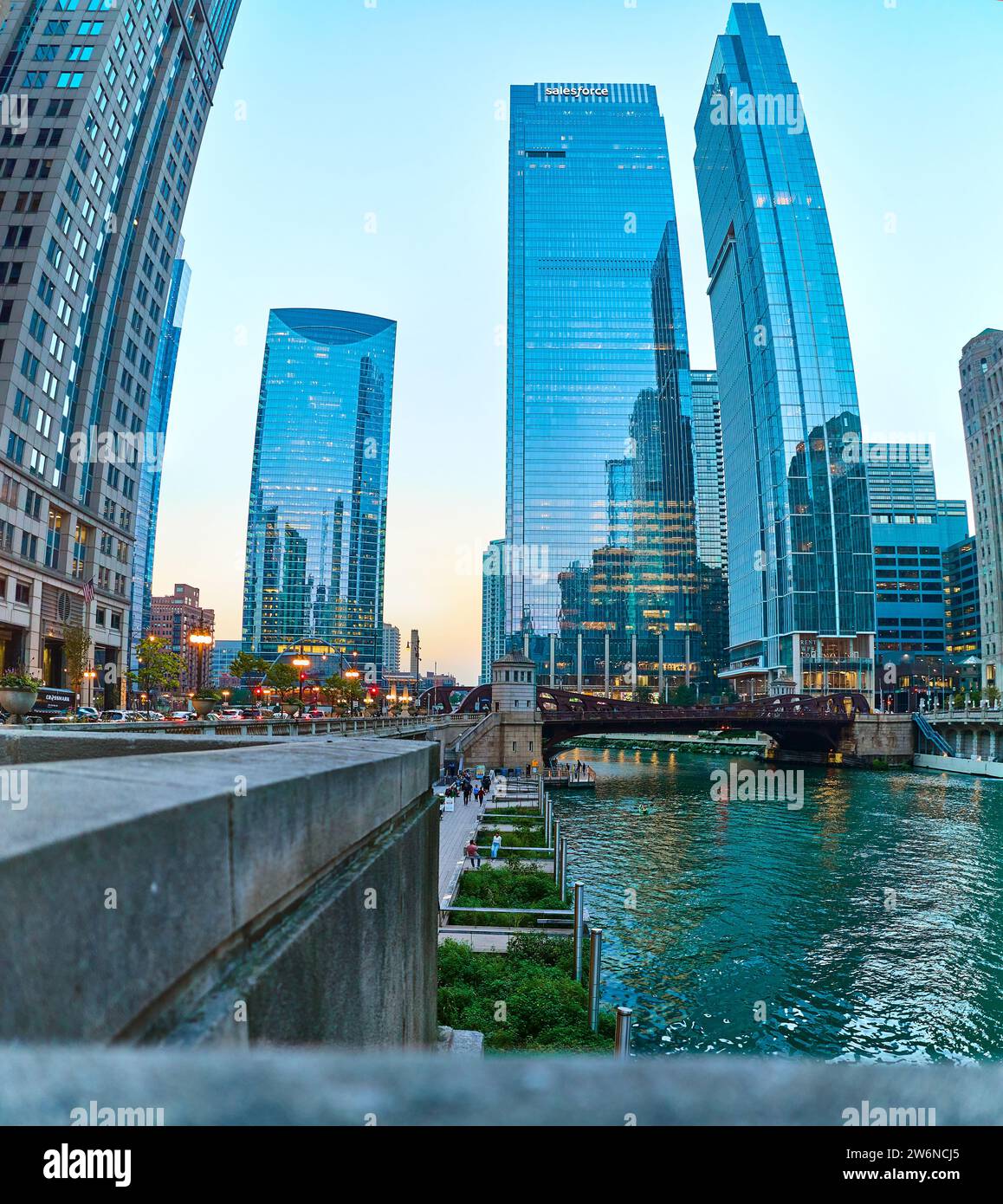 Aerial Golden Hour Cityscape with Skyscrapers and Riverwalk, Chicago ...