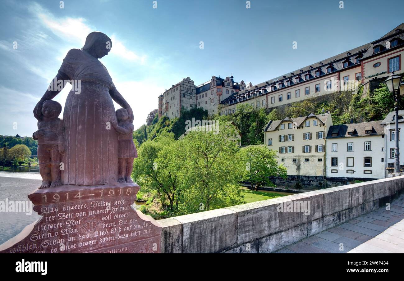 Stone sculpture, memorial of the First World War, River Lahn, Weilburg ...