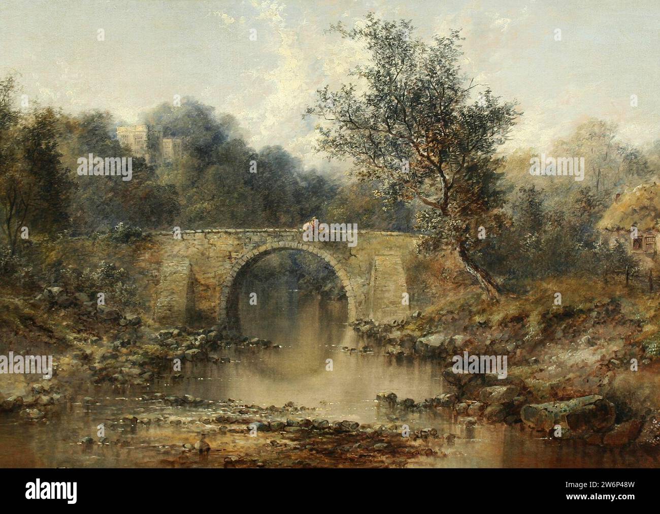 William W. Gosling - Boy fishing from a bridge, Haddon Hall beyond ...