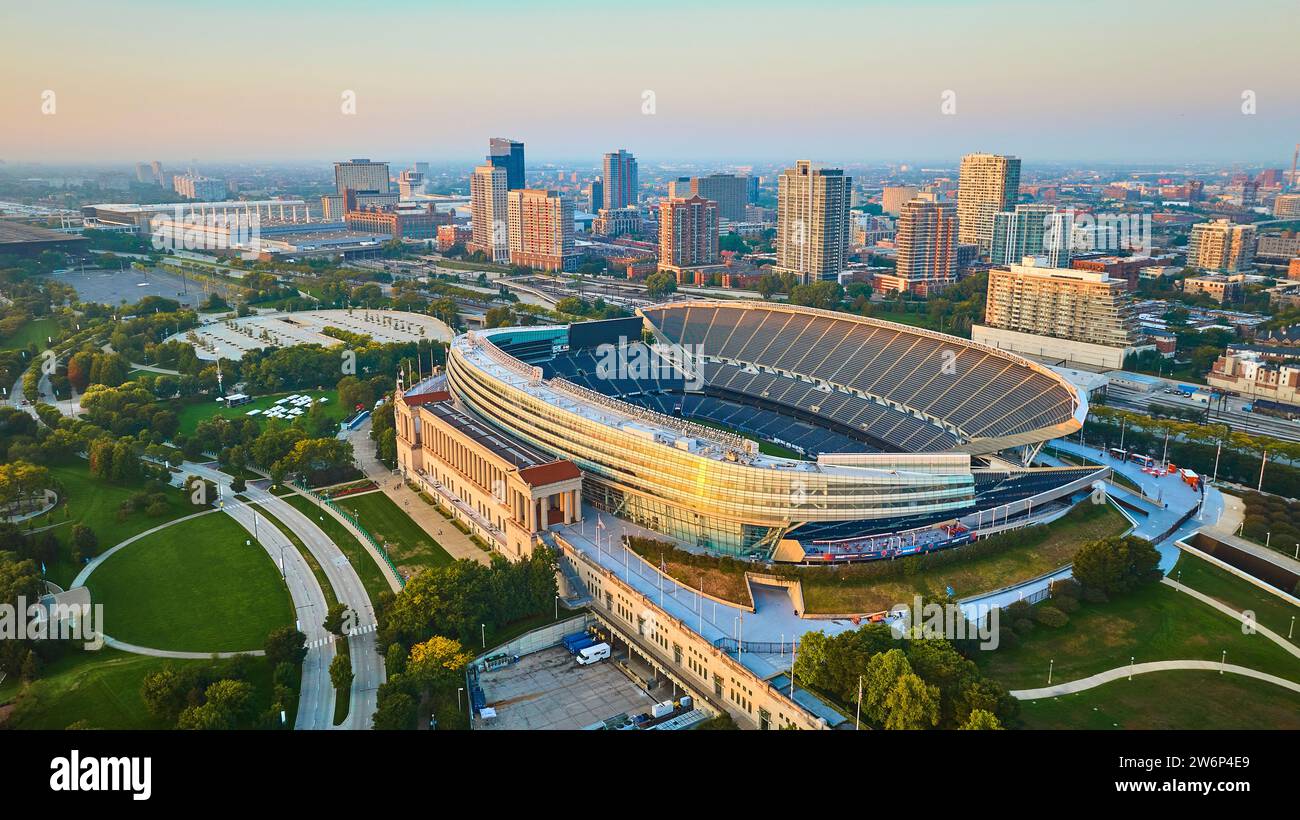 Aerial Soldier Field Chicago football sports stadium at sunrise ...