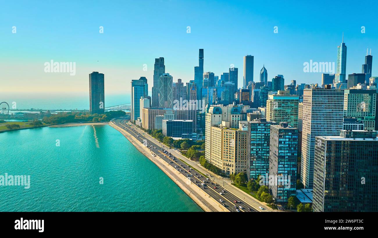 Chicago, IL aerial city skyscraper buildings with clear blue summer sky ...