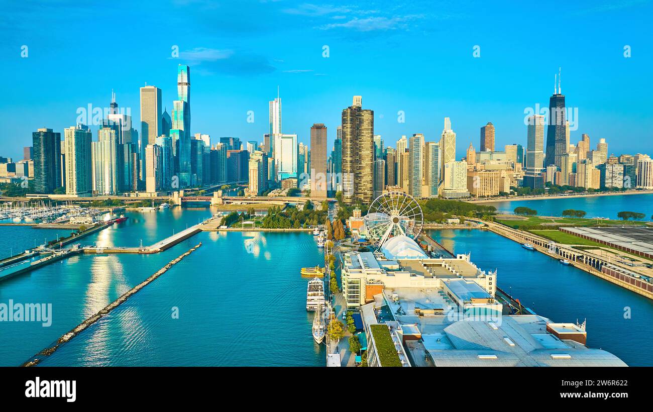 Navy Pier on Lake Michigan aerial of Chicago, IL city skyscrapers with ...