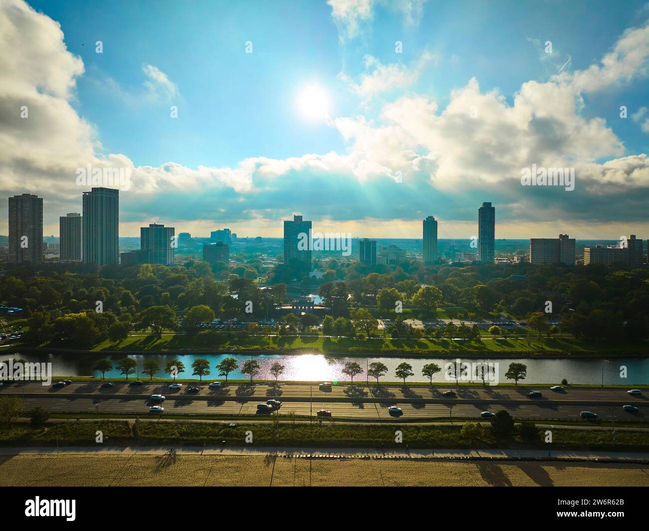 Gorgeous sunny aerial Chicago with park, tourism spot on summer day ...