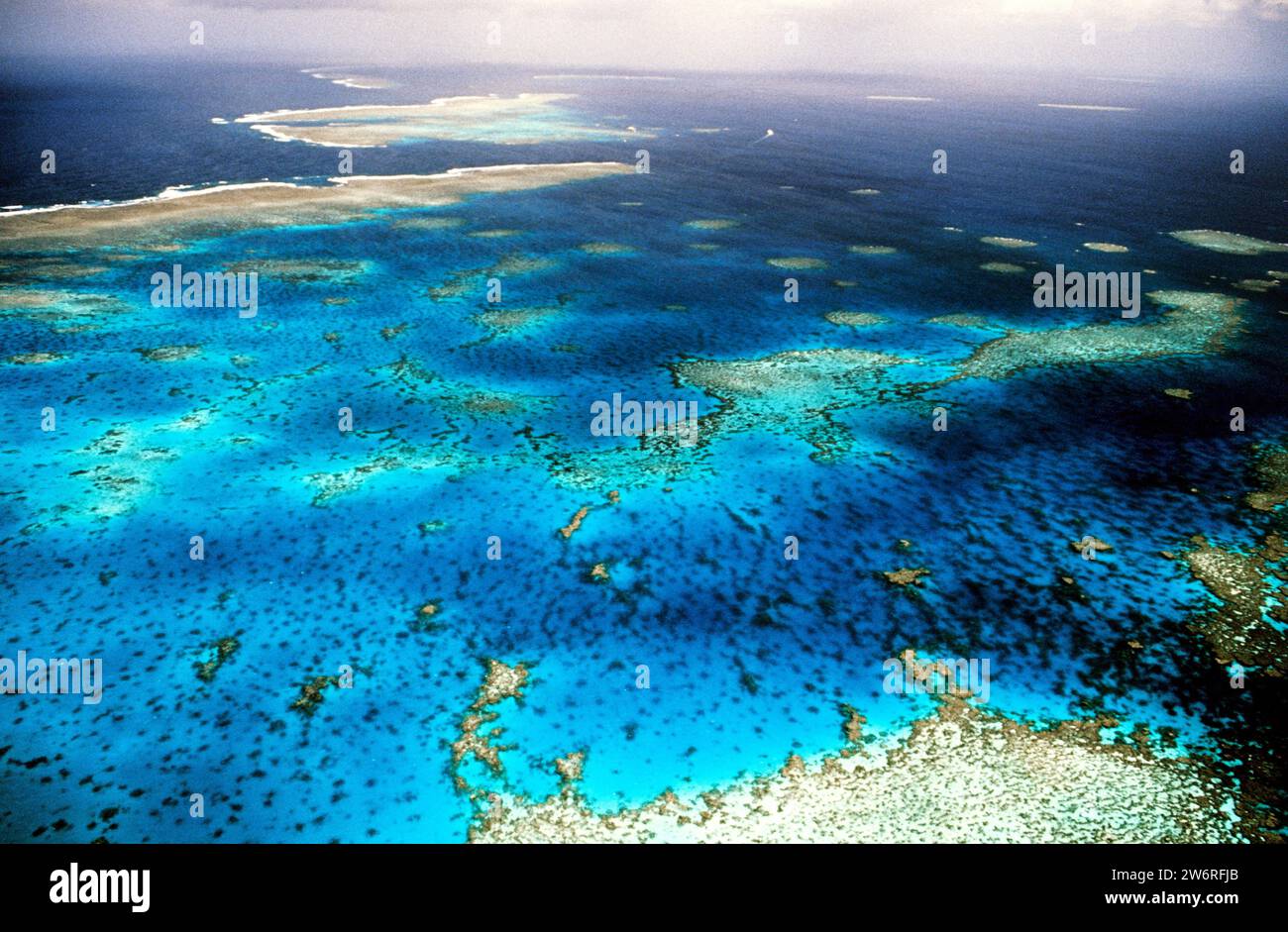 Aerial view of The Great Barrier Reef, Moore Reef off the Outer Reef in ...