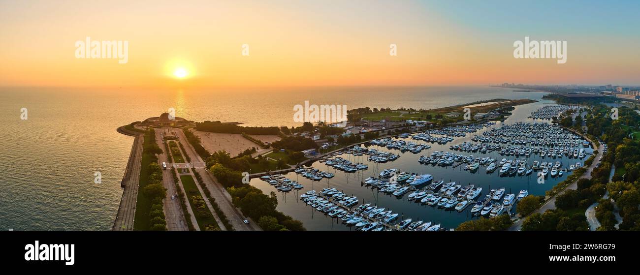 Aerial Golden Hour at Burnham Harbor Marina with Chicago Skyline ...