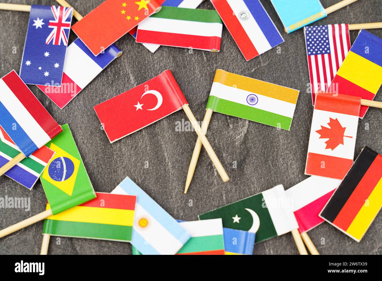 Policy. National flags of different countries. The concept is diplomacy ...