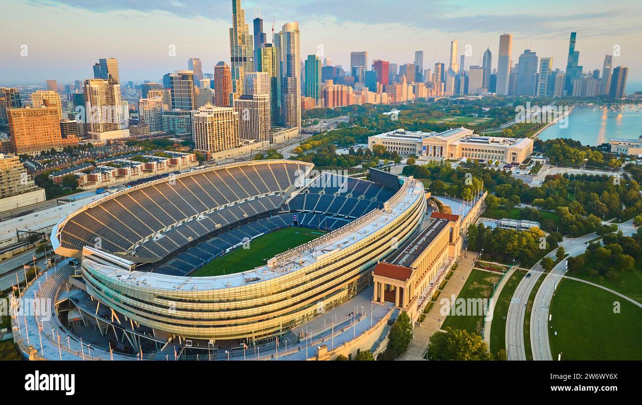 Aerial Soldier Field Chicago football sports stadium with sunrise ...