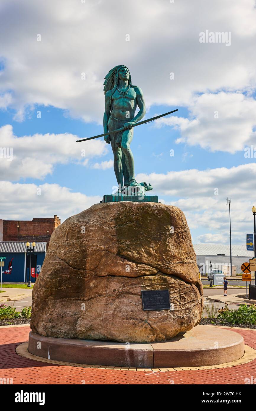 Bronze Native American Warrior Statue in Urban Setting, Eye-Level View ...