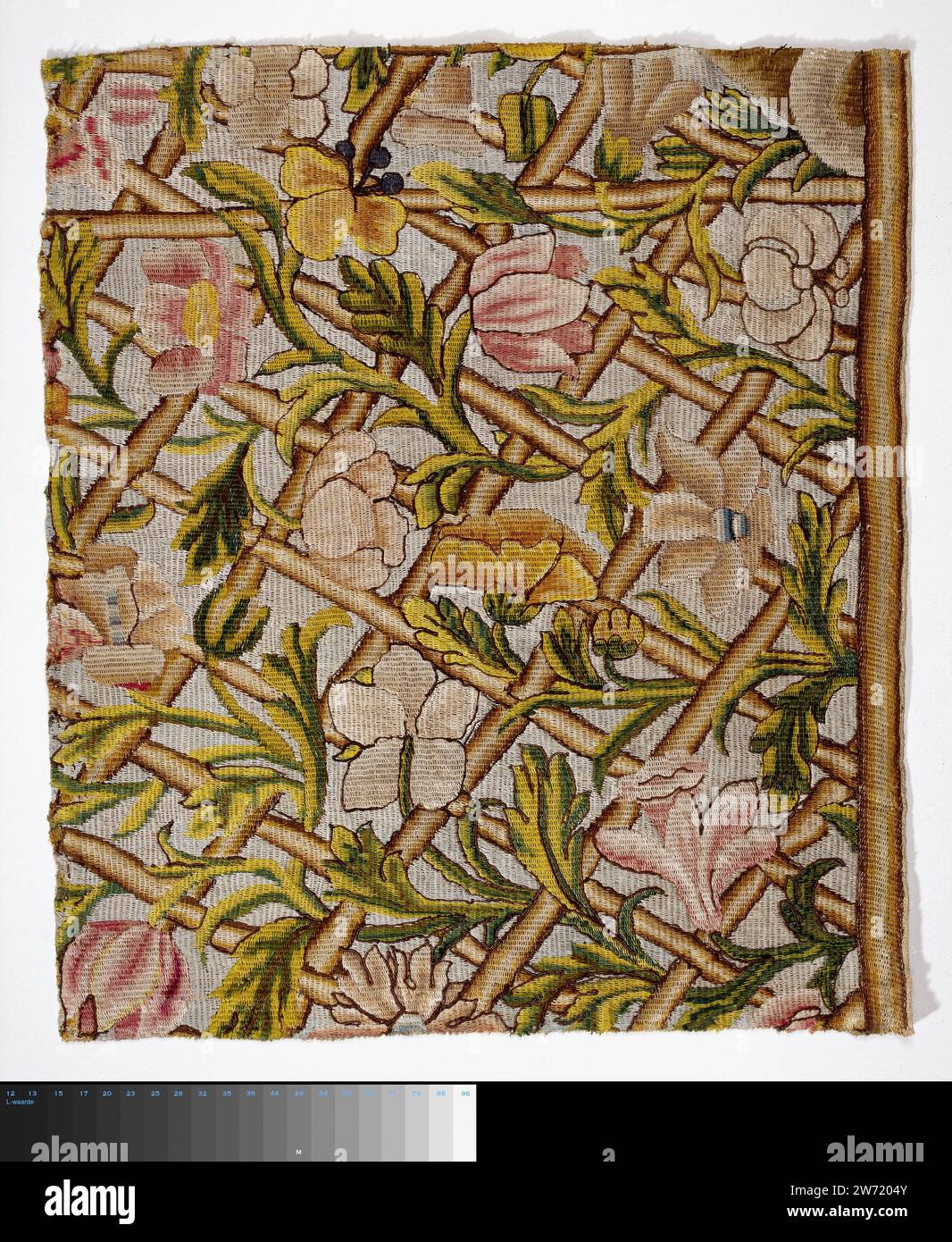 Fragment embroidery decorated with flowers and branches, Trellis, 1860 ...