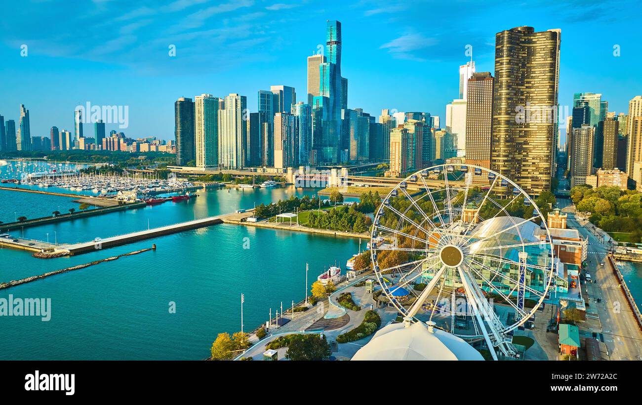 Tourism coast aerial Navy Pier Centennial Wheel sunrise with ...