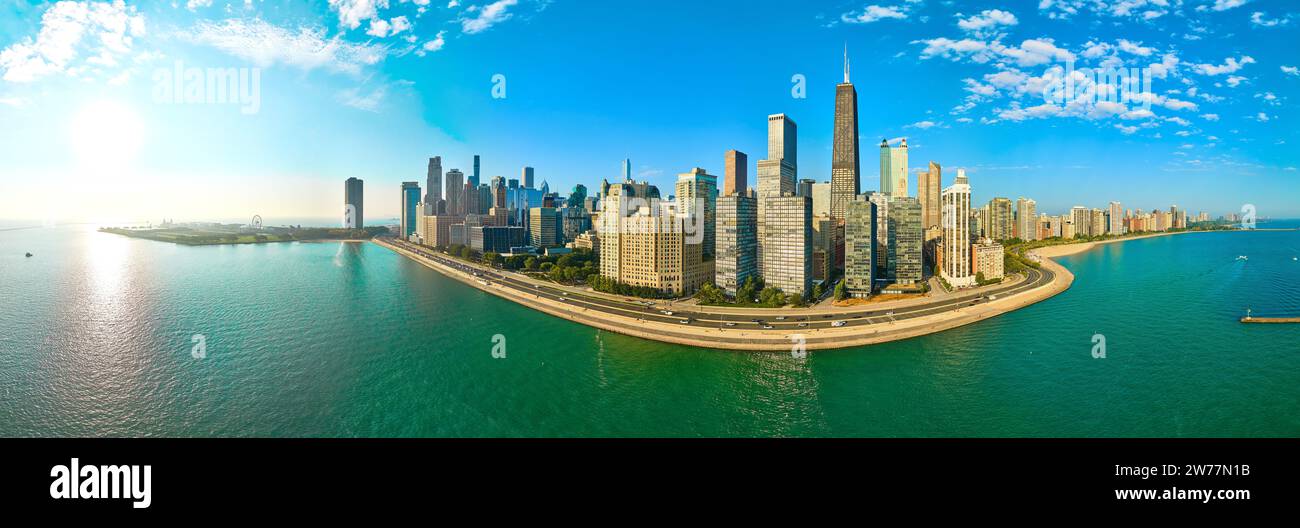 Aerial Chicago Skyline and Lake Michigan Shoreline Panorama Stock Photo ...