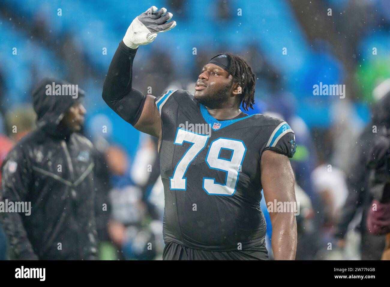 Carolina Panthers offensive tackle Ikem Ekwonu (79) walks off the field after defeating the ...