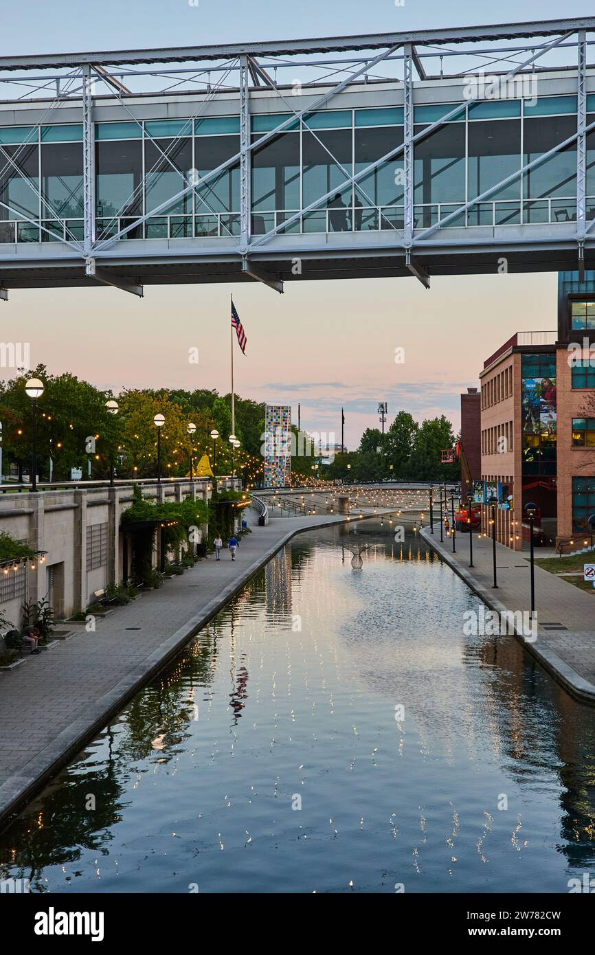 Evening Calm at Urban Canal with Modern Pedestrian Bridge, Indianapolis ...