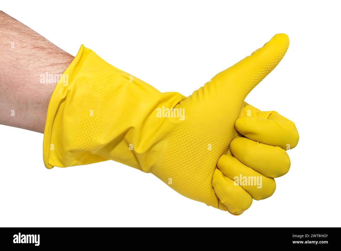 A hand in yellow rubber gloves shows a thumbs up on a white background ...