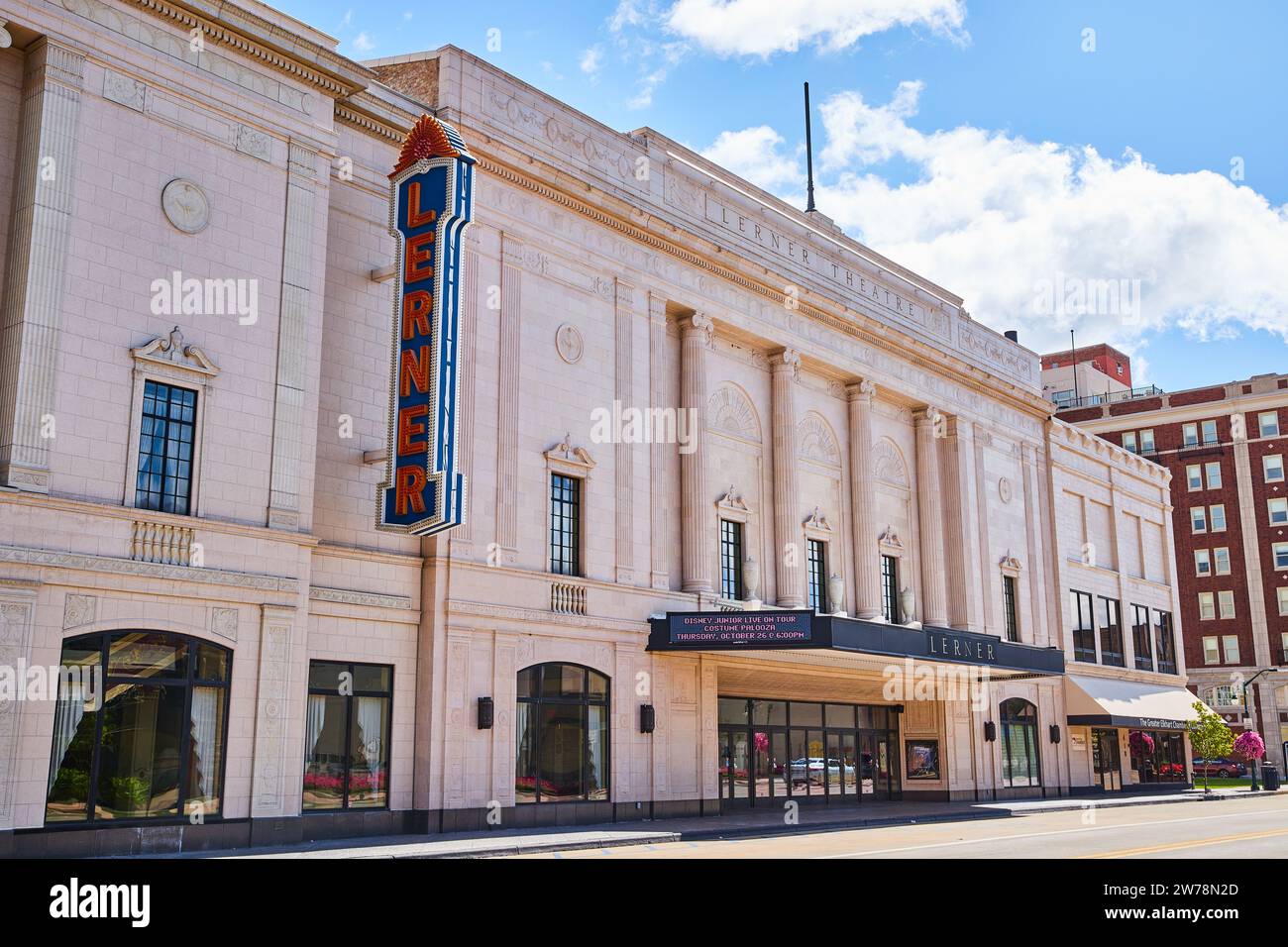 Lerner Theatre Facade with Neon Sign, Classical Columns - Elkhart ...