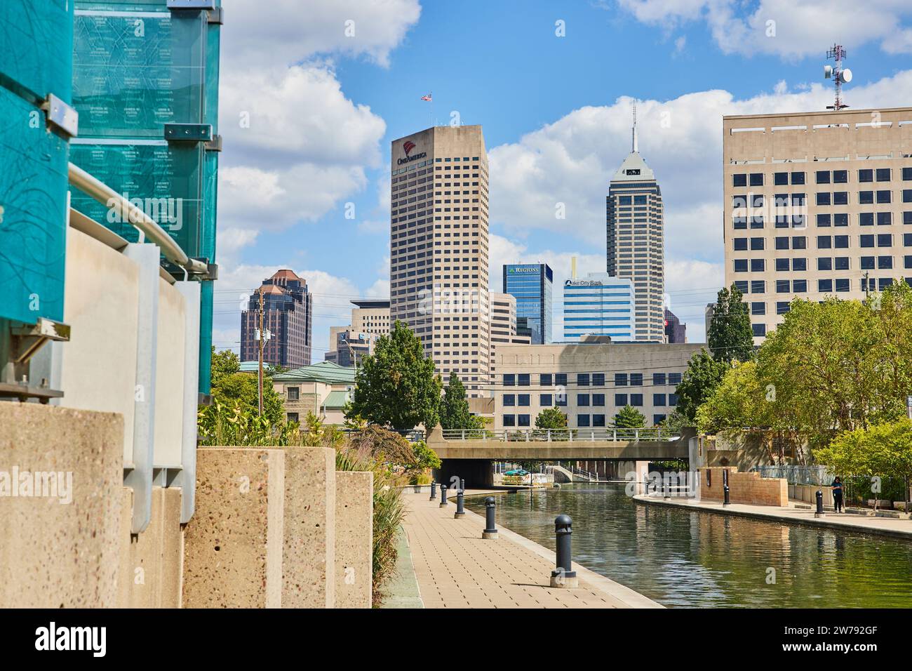 Indianapolis Waterfront Cityscape with Downtown Skyline and Bridge ...