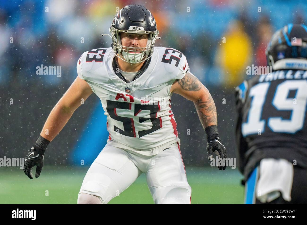 Atlanta Falcons linebacker Nate Landman (53) plays against the Carolina ...