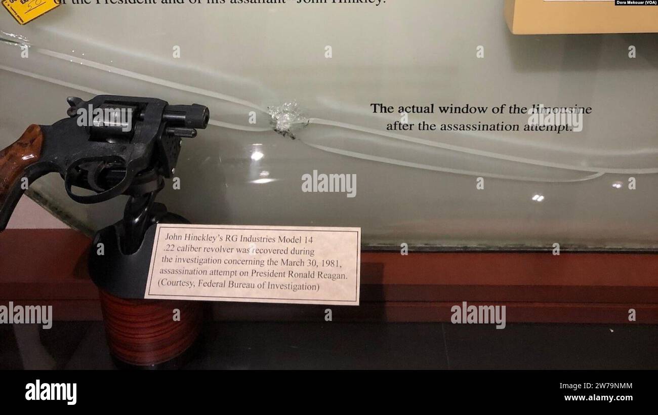 Window from the armored limousine that was struck by a bullet during ...