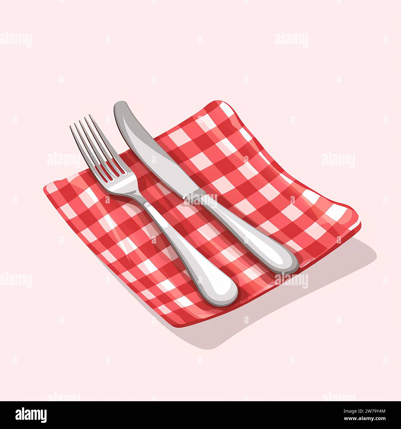 Knife and fork on a checkered red napkin. Illustration Stock Photo - Alamy