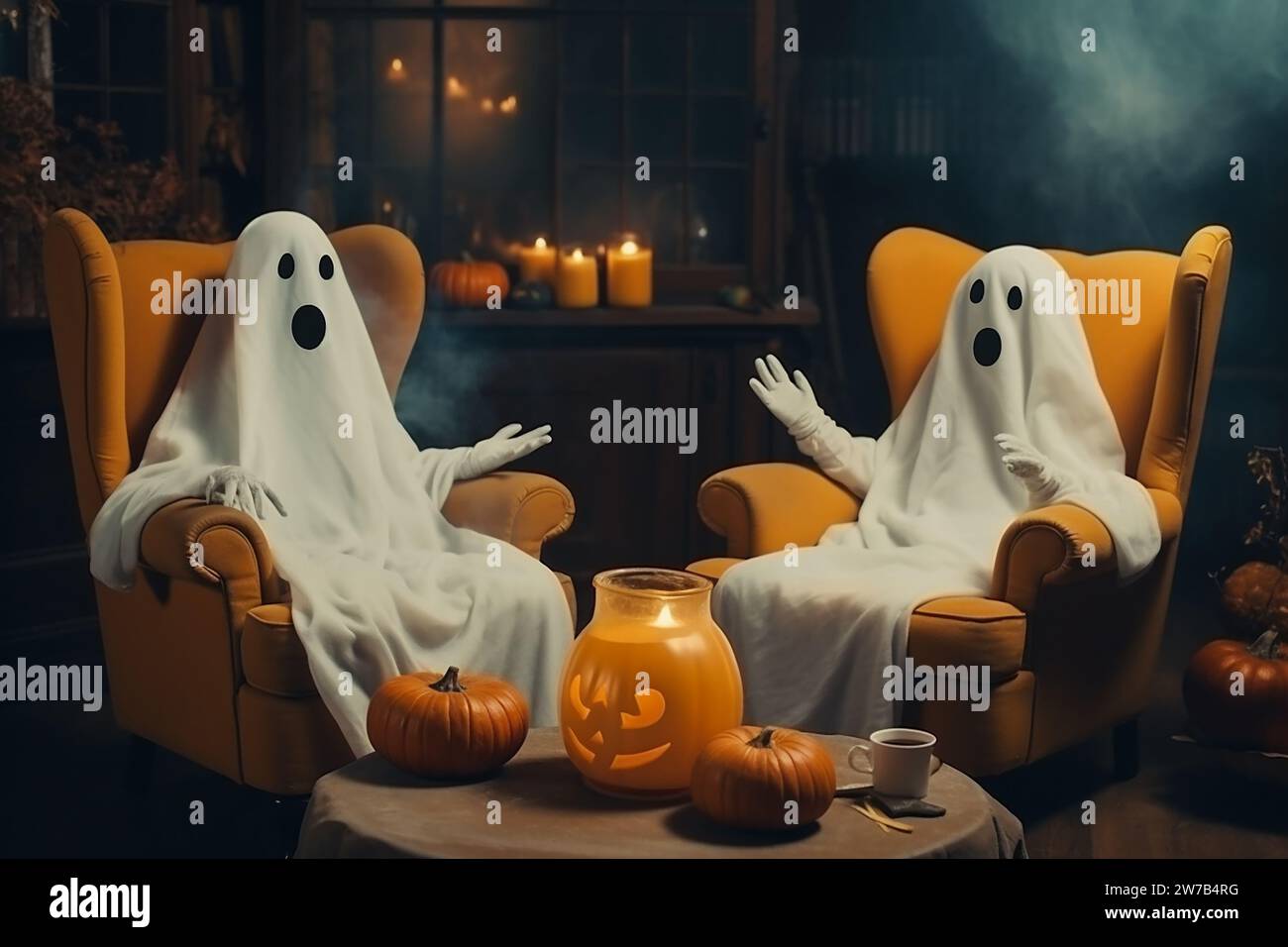 AI. Two ghosts sit in armchairs in front of the fireplace in a room decorated with pumpkins for ...