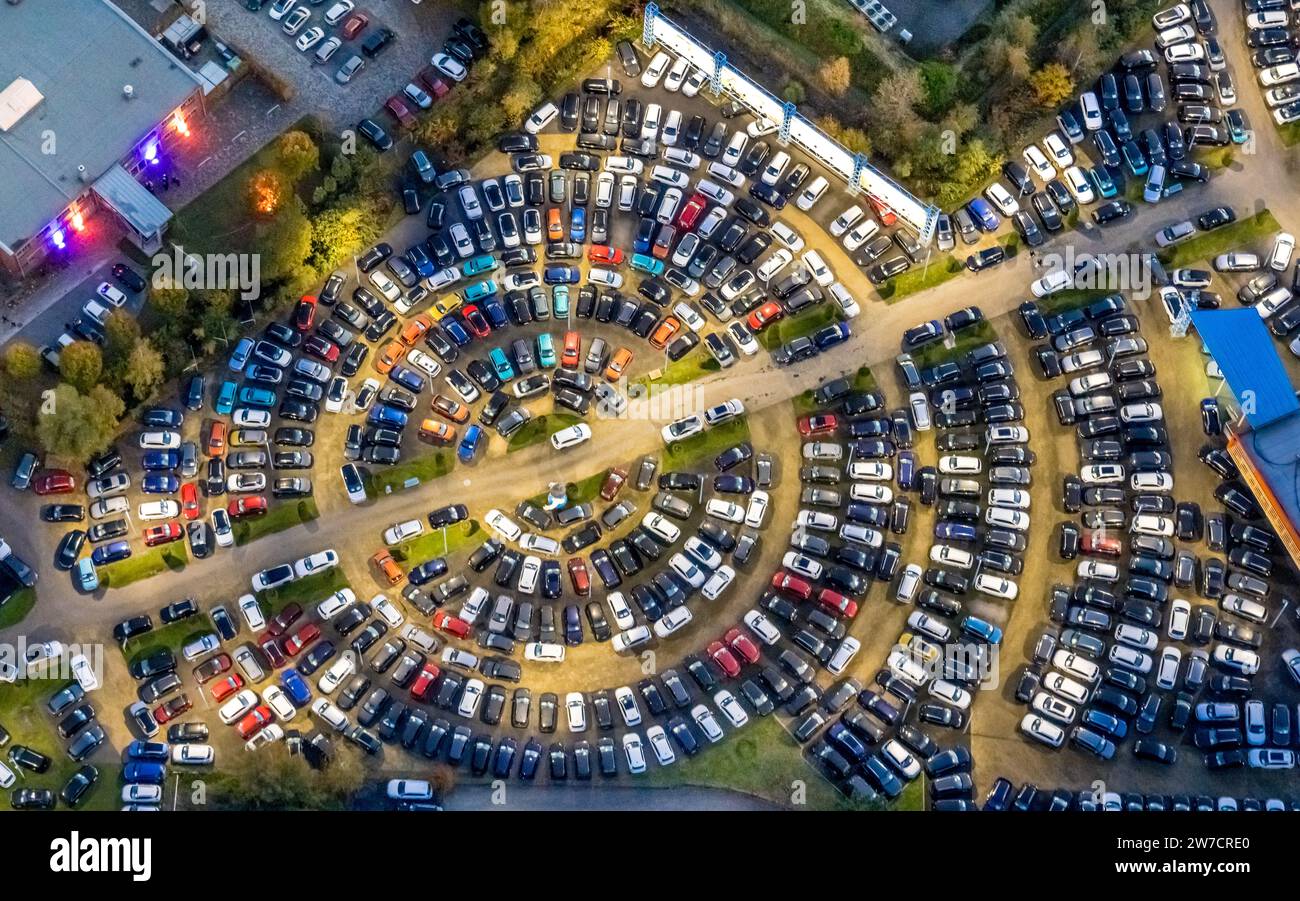 Aerial view, night shot, illuminated Potthoff car dealership, circular ...