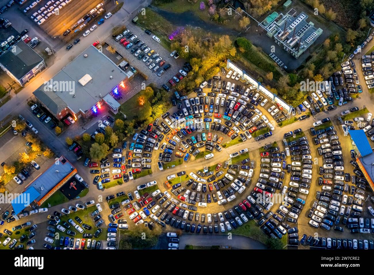 Aerial view, night shot, illuminated Potthoff car dealership, circular ...