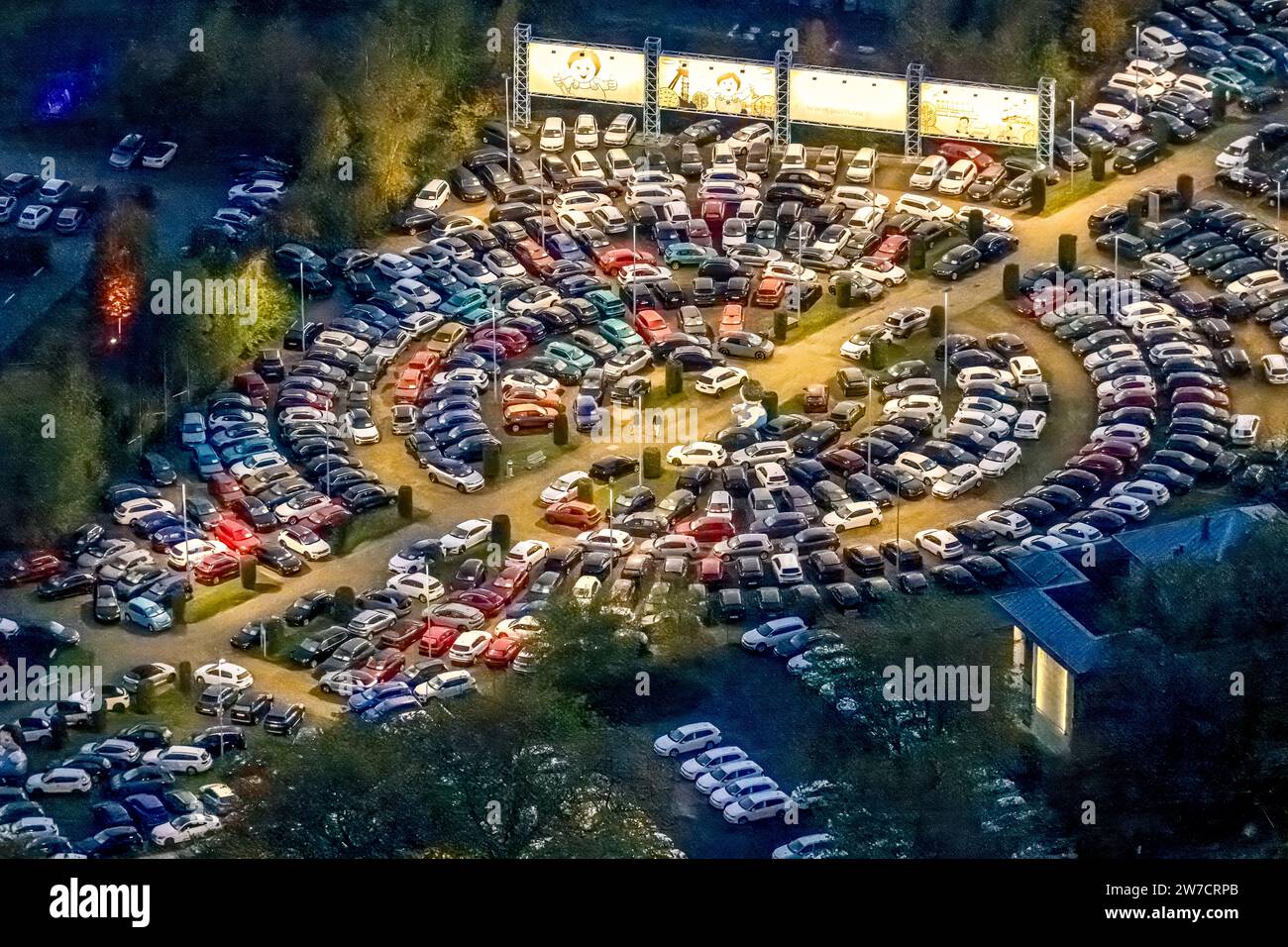 Aerial view, night shot, illuminated Potthoff car dealership, circular ...
