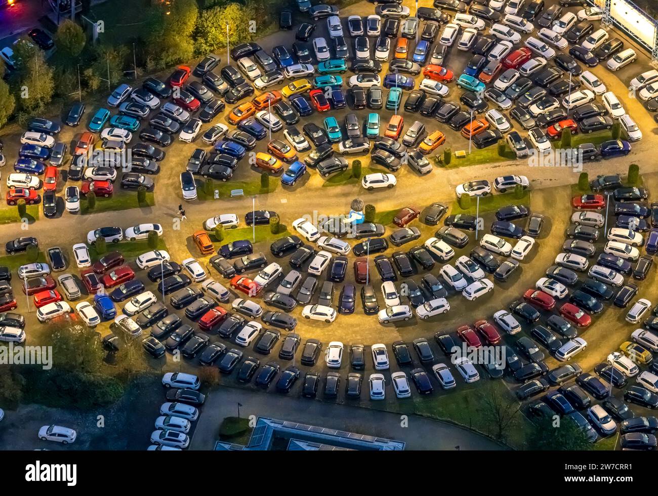 Aerial view, night shot, illuminated Potthoff car dealership, circular ...