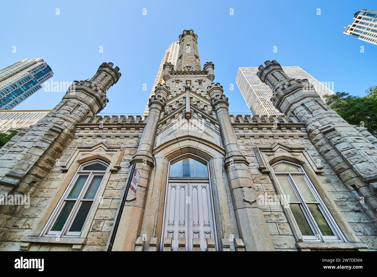 Chicago historic water tower upward castle architecture view under blue ...