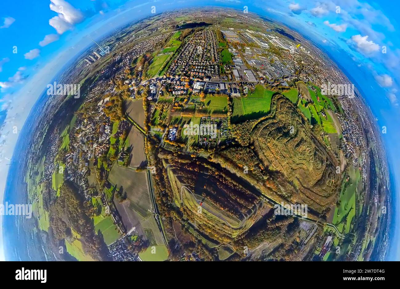 Aerial view, Lippepark Schacht Franz, surrounded by forest and autumnal ...