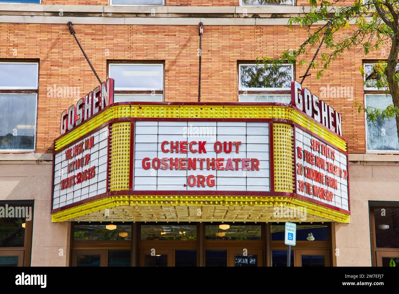 Goshen theater sign and front entrance on bright, sunny summer day ...