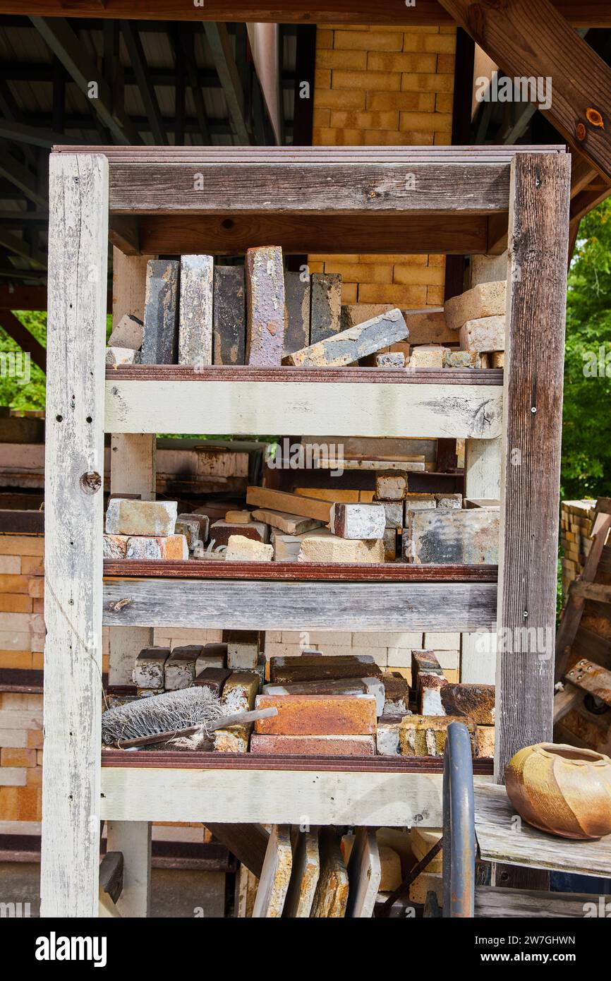 Rustic Brick Collection and Tools on Weathered Rack - Construction ...