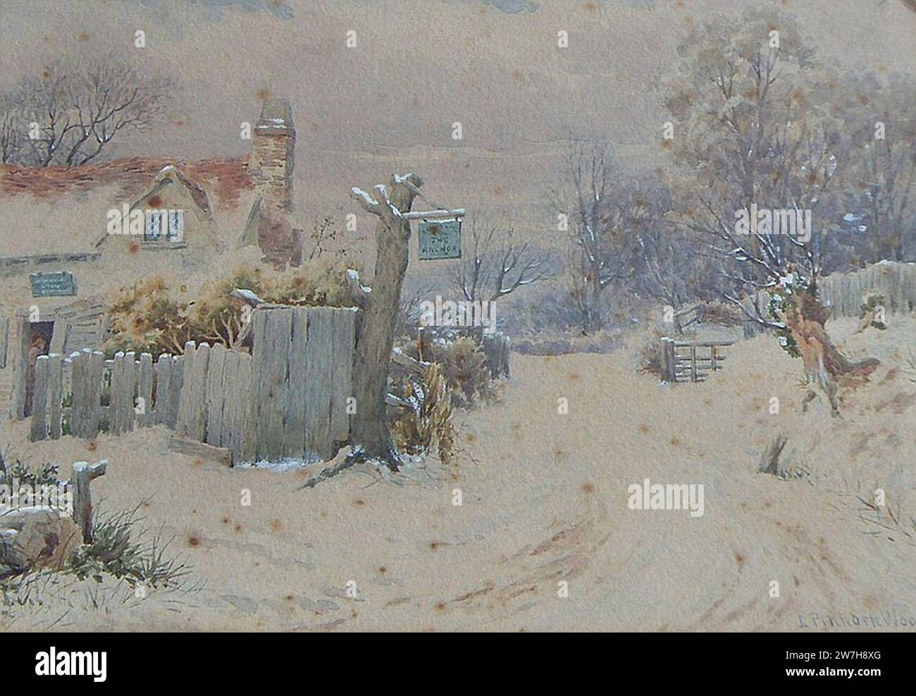 Winter landscape with The Anchor Inn (1890) by Lewis Pinhorn Wood Stock ...