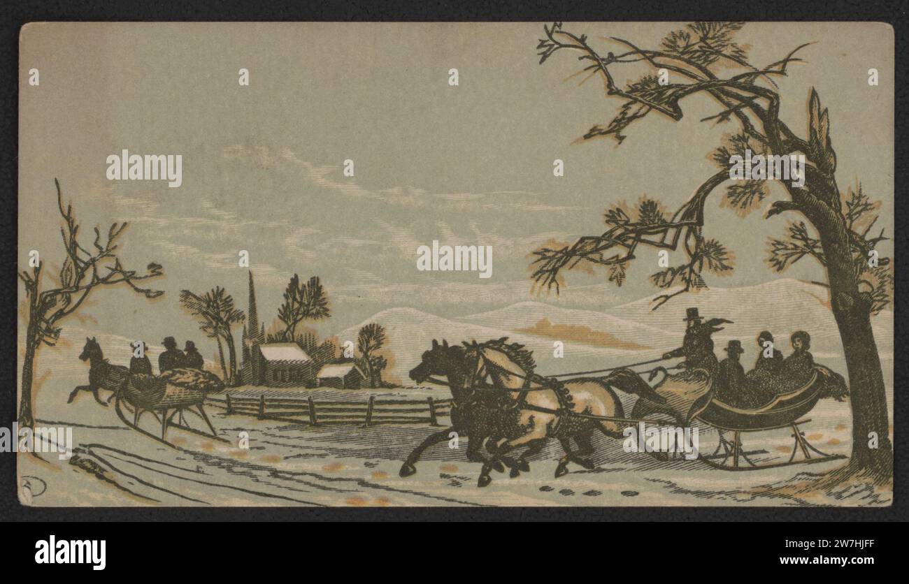 Winter outing with people riding in horse-drawn sleighs across a snow ...