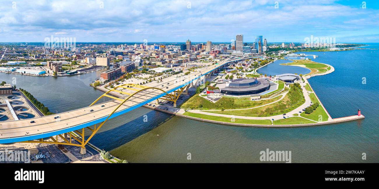 Aerial View of Milwaukee Waterfront and Hoan Bridge Panorama Stock ...