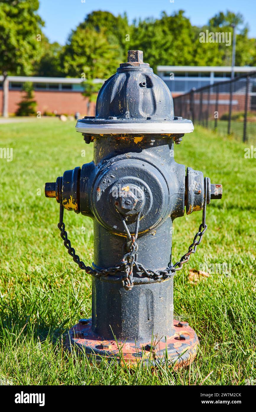 Chained Blue Fire Hydrant with Rust and Green Grass Background Stock ...