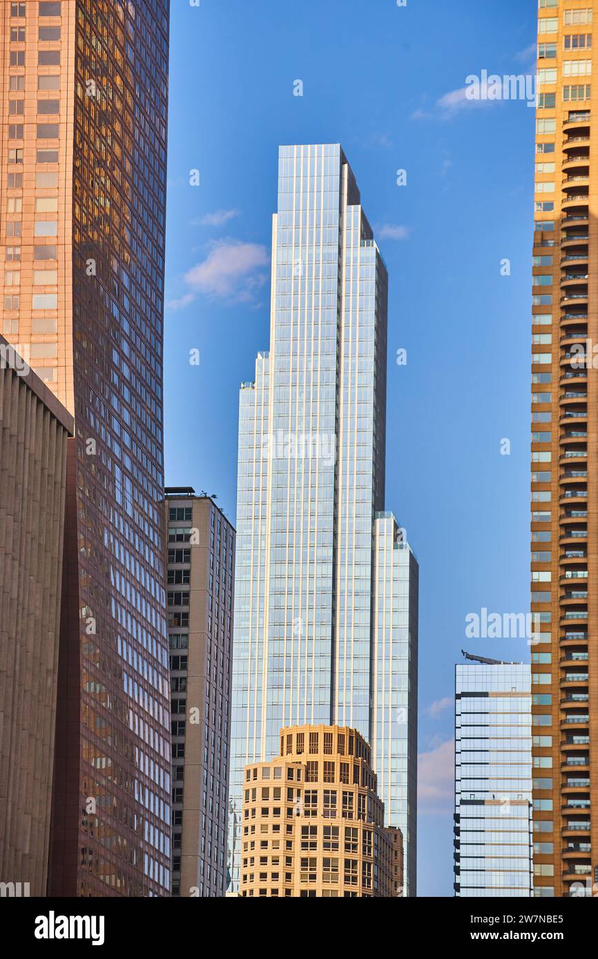 Bright sunny summer day, downtown Chicago skyscrapers with reflective ...