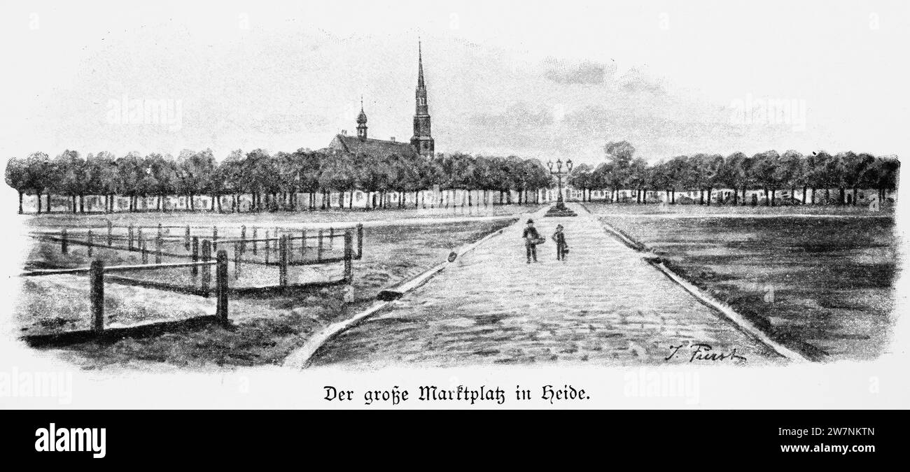 Large market square of Heide with St. Georg Church, town in ...