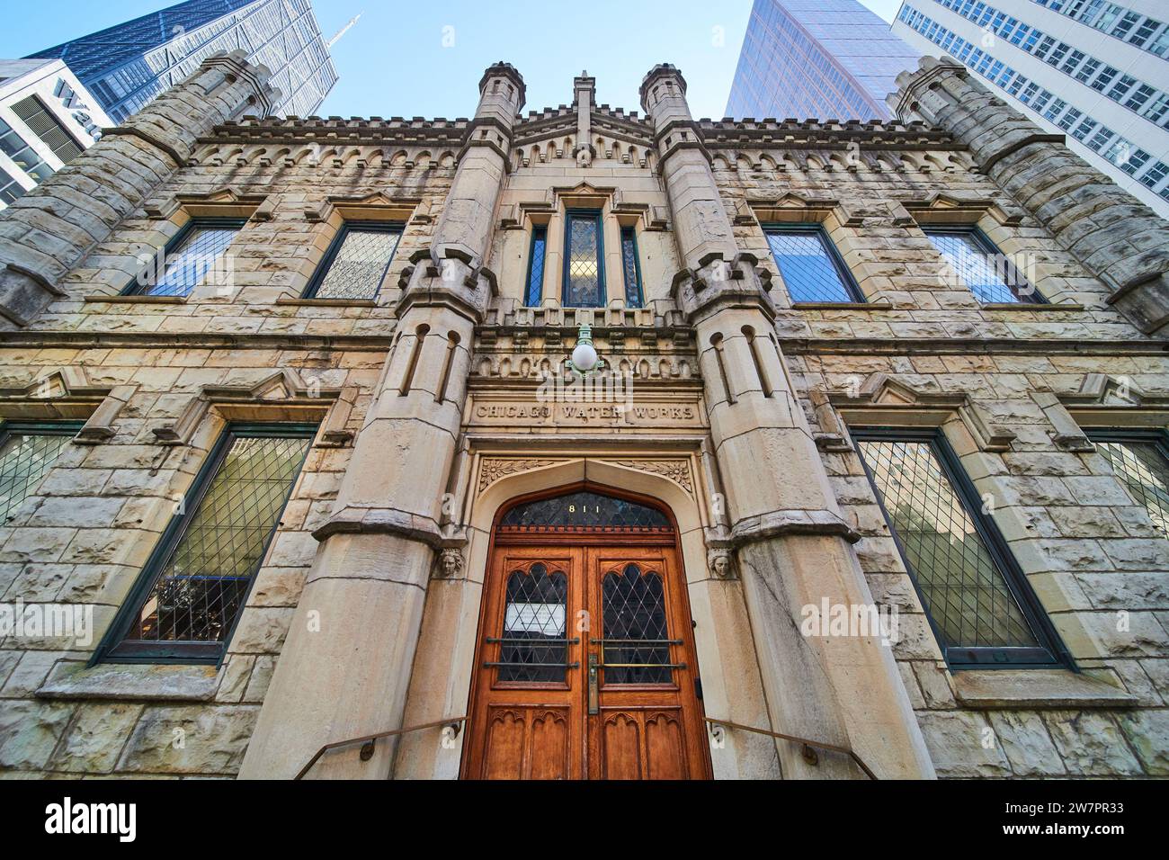 Entrance close Chicago Water Works castle building architecture with ...