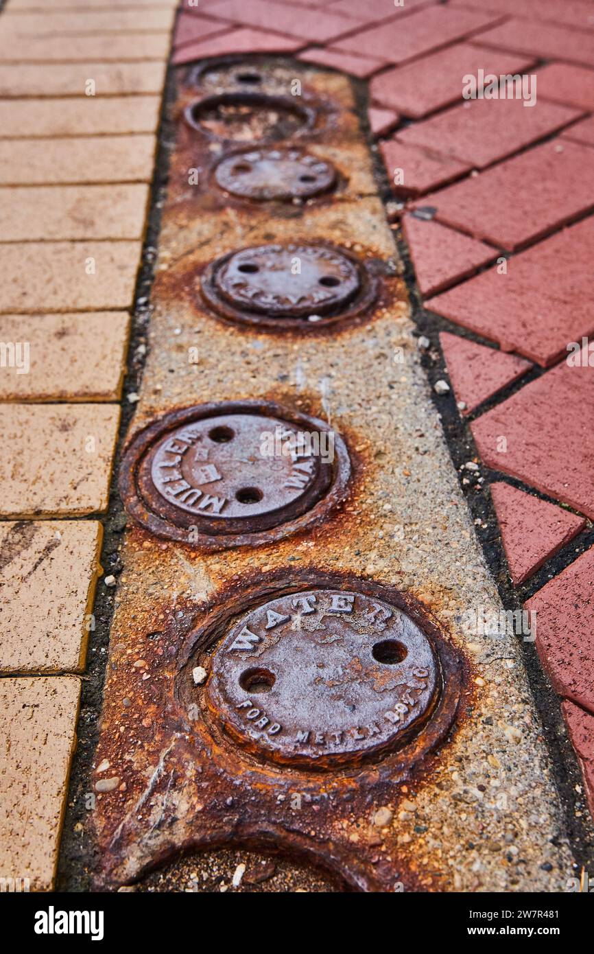 Rustic Water Utility Covers on Urban Sidewalk Stock Photo - Alamy