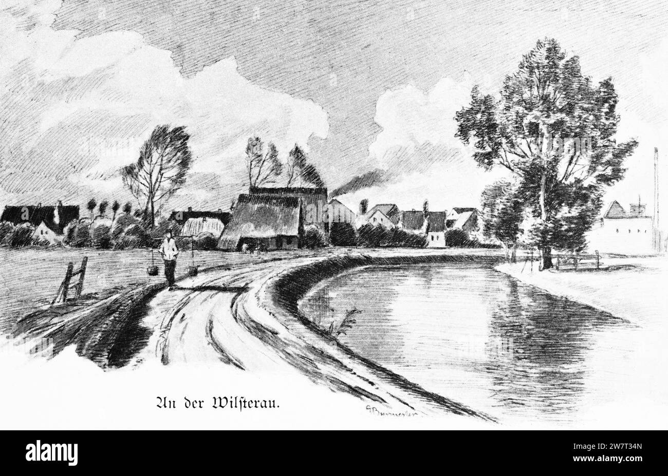 Landscape and village along Wilster Au River, Schleswig-Holstein ...