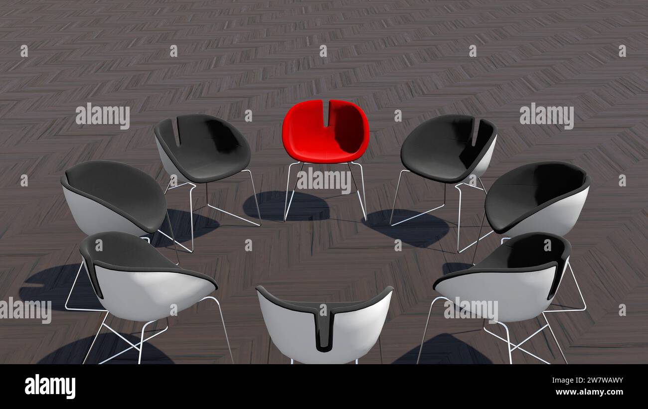 Conceptual red chair standing out in a meeting on a wooden floor ...