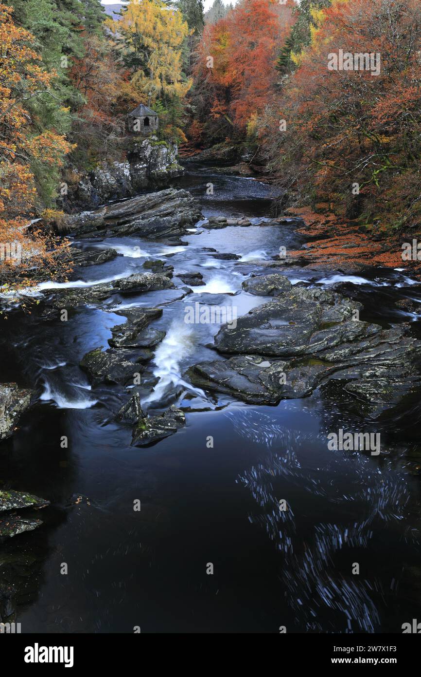 Autumn colours, the river Moriston falls, Invermoriston town, Highlands ...