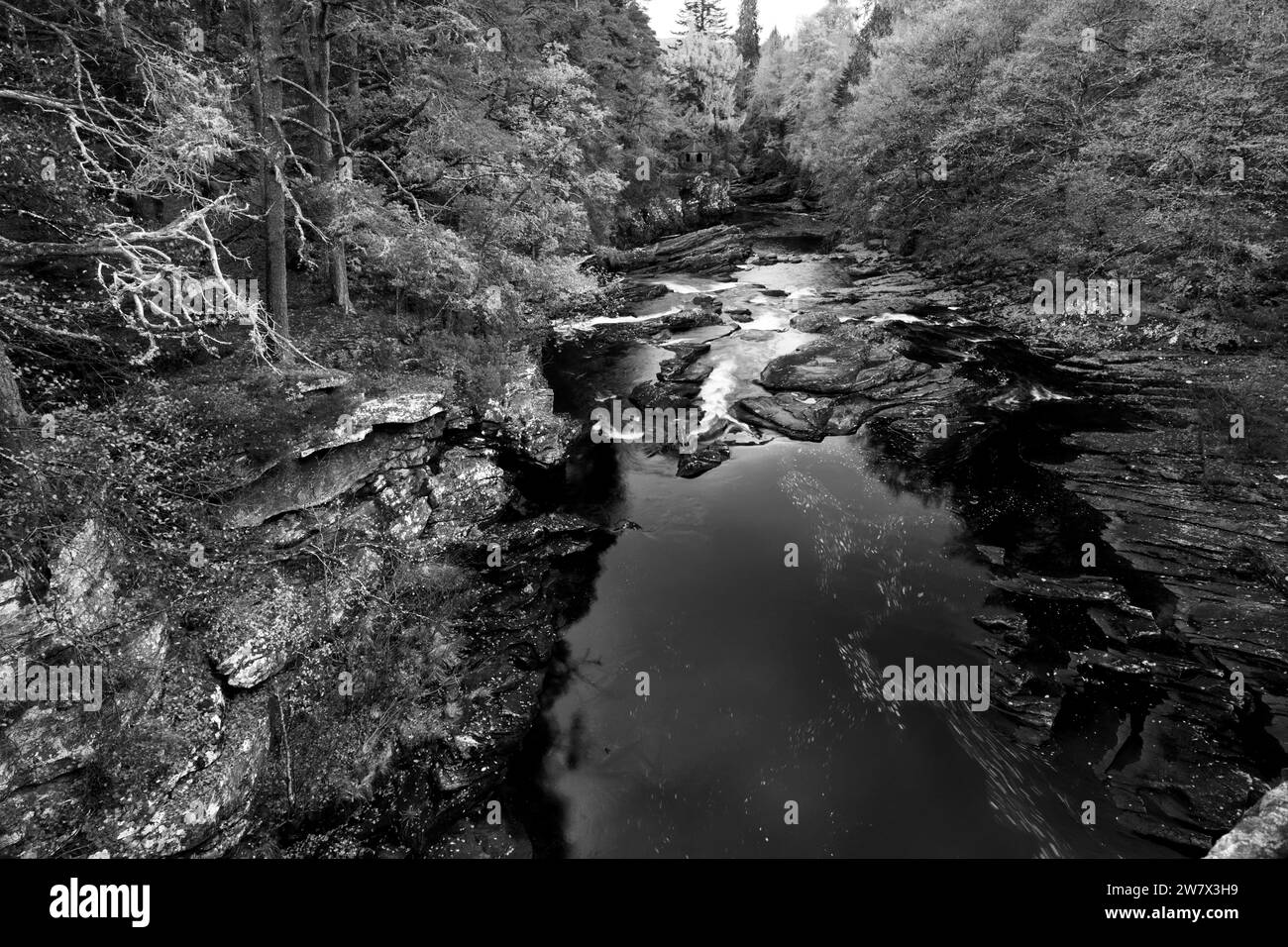 Autumn colours, the river Moriston falls, Invermoriston town, Highlands ...