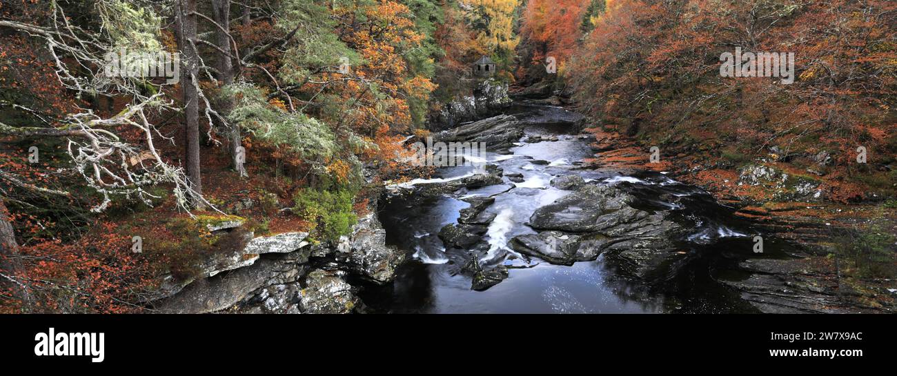 Autumn colours, the river Moriston falls, Invermoriston town, Highlands ...