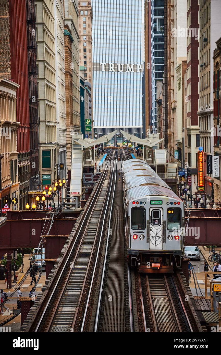 Chicago Elevated Train Line with Approaching Locomotive and Skyscrapers ...